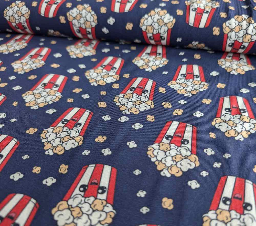 Jersey, Popcorn Motiv Blau - Zierstoff - einfach nähen